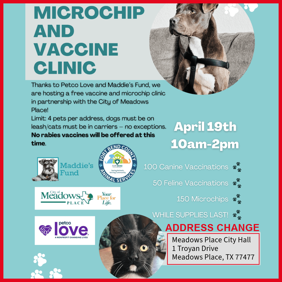 FREE Pet Microchip and Vaccine Clinic – 𝐀𝐃𝐃𝐑𝐄𝐒𝐒 𝐂𝐇𝐀𝐍𝐆𝐄𝐃 𝐓𝐎 𝐂𝐈𝐓𝐘 𝐇𝐀𝐋𝐋 ...