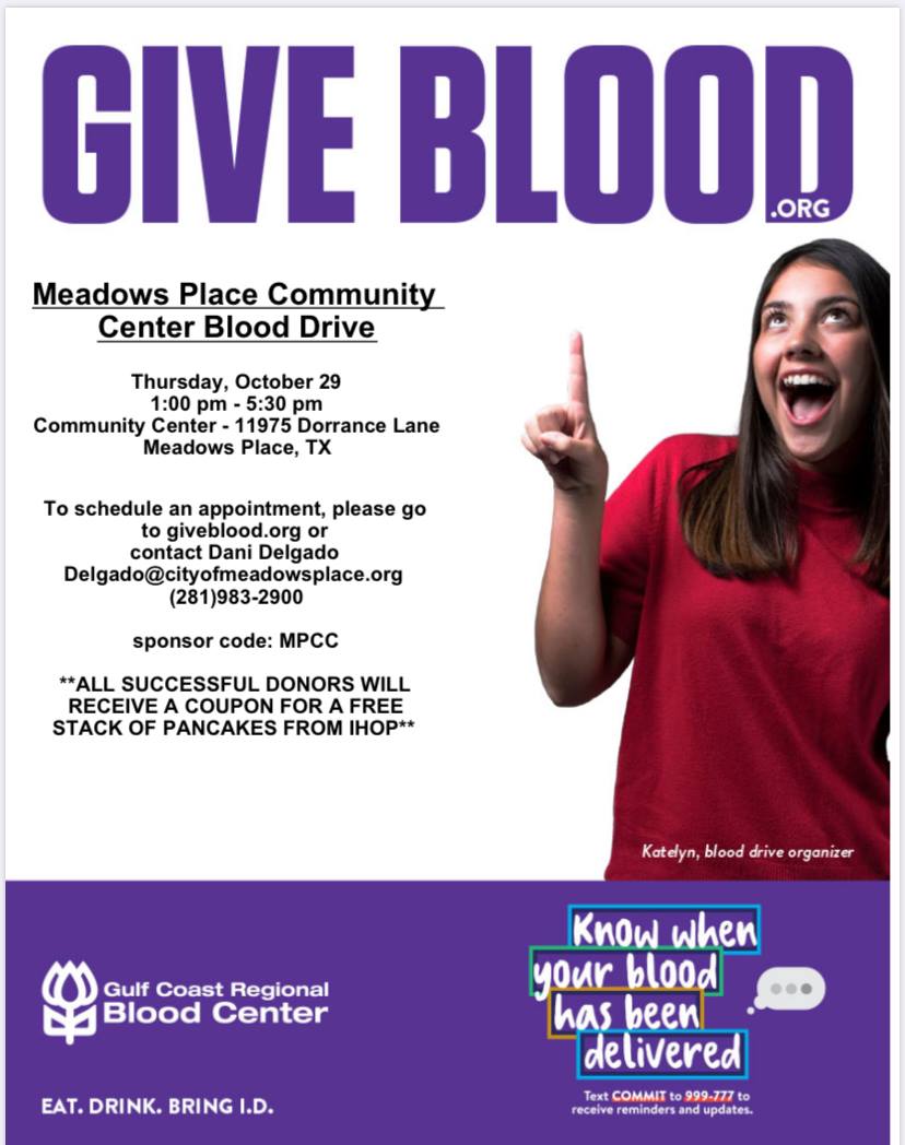 Meadows Place Blood Drive-Oct. 29 | City of Meadows Place